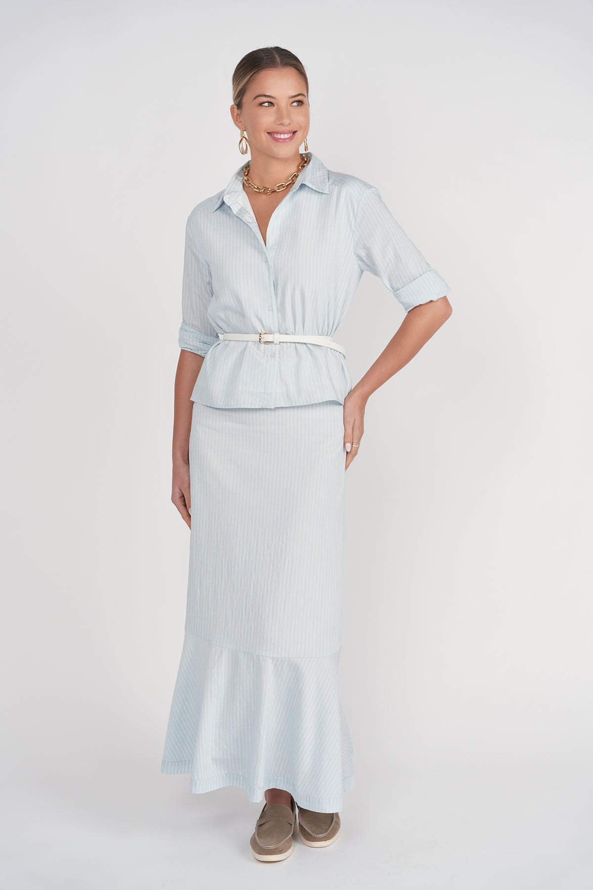 Linda Skirt- Light Blue Pinstripes | Adina Las Vegas