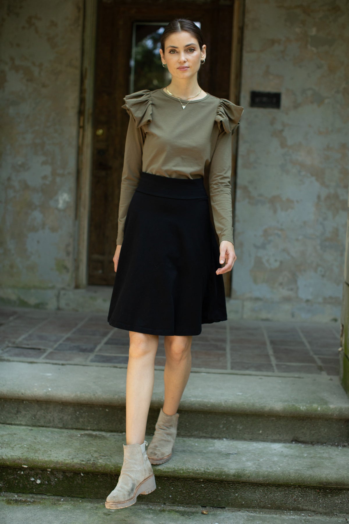 Ruffle Shoulder Long Sleeve Tee- Moss | Adina Las Vegas