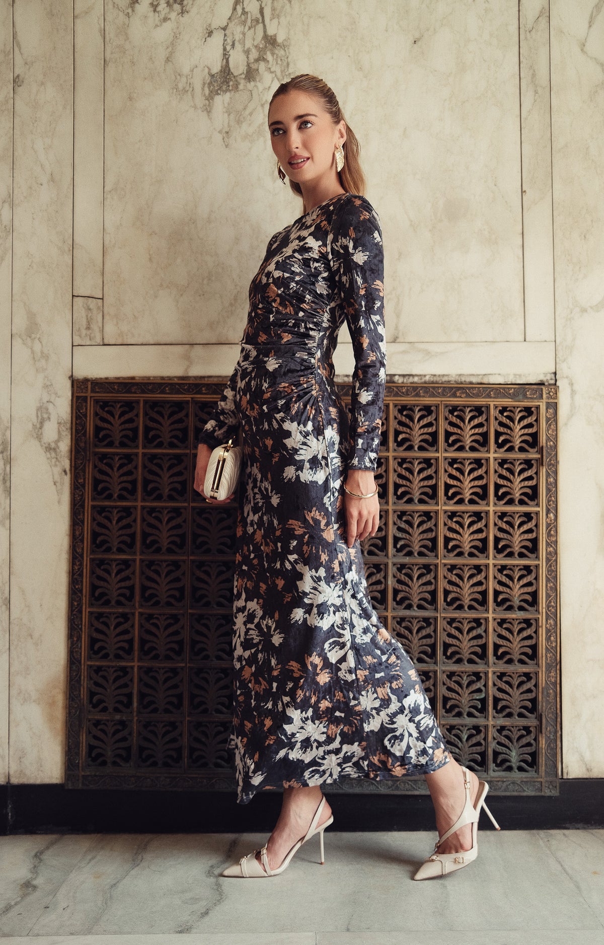 Side Ruched Velvet Dress- Brown and Black Floral | Adina Las Vegas